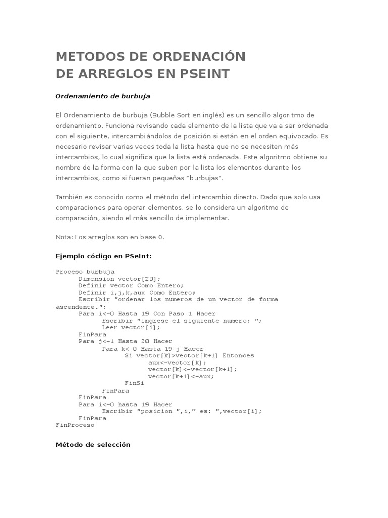 Metodos de Ordenación de Vectores en PSeInt | PDF | Algoritmos | Matemáticas Aplicadas