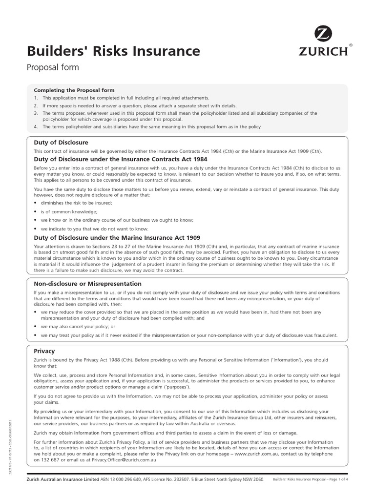 Builders' Risks Insurance: Proposal Form | PDF | Deductible | Insurance