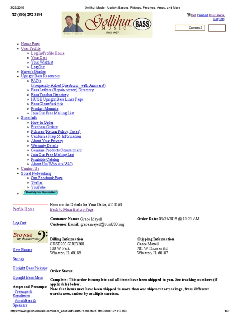 Order Details and Receipt for Upright Bass Accessories from Gollihur ...