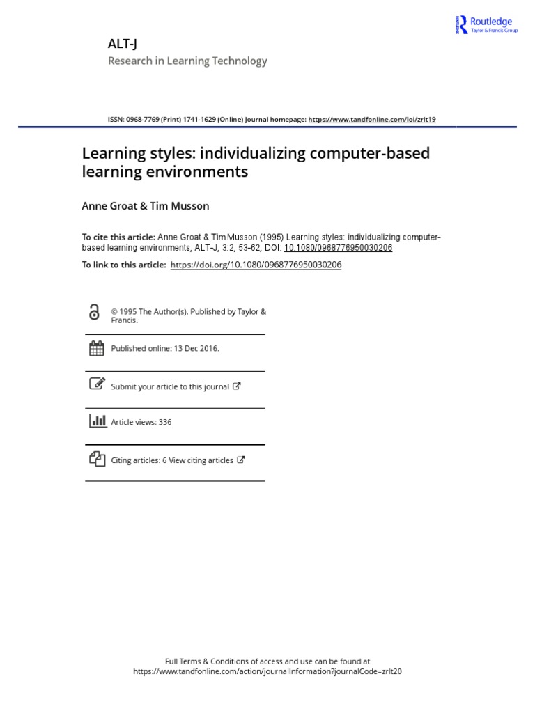 Learning Styles Individualizing Computer Based Learning Environments ...
