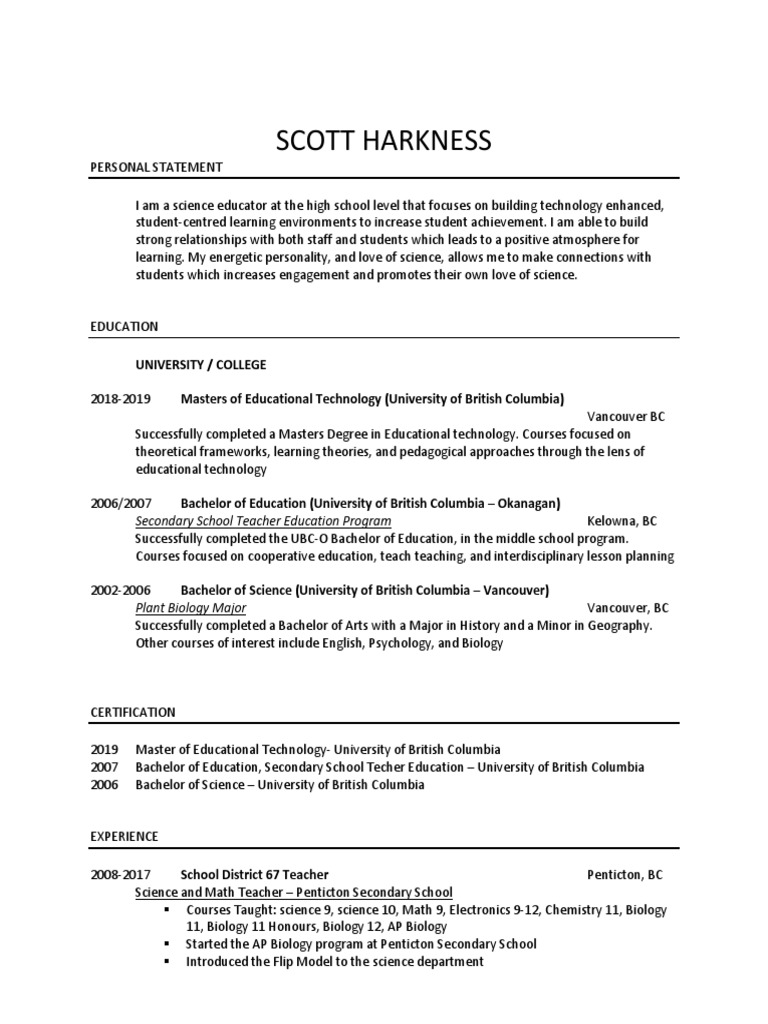 Scott Harkness Resume - CV | PDF | Teachers | Bachelor's Degree