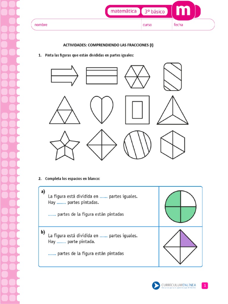 Actividades: Comprendiendo Las Fracciones (I) 1. Pinta las figuras que ...