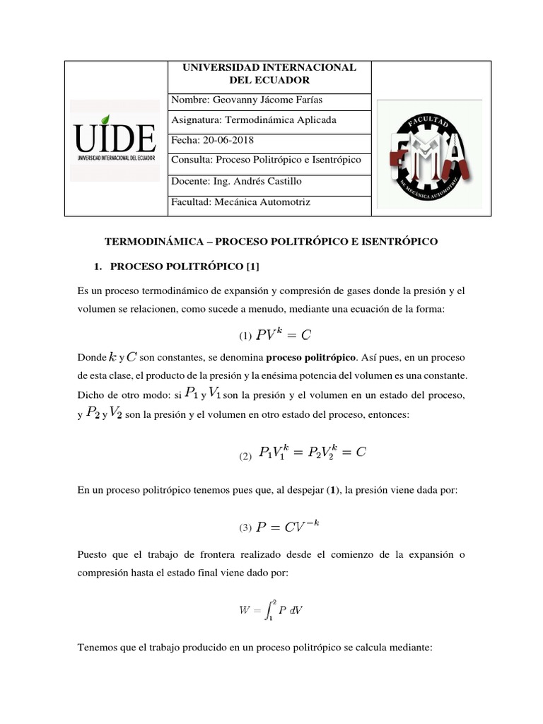 Termodinámica - Procesos Politrópicos e Isentrópicos | PDF | Teoría de sistemas | Cantidades fisicas