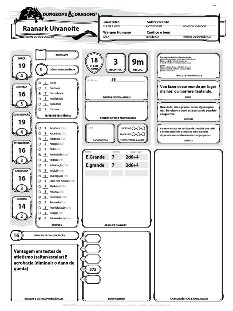 D&D 5e - Ficha de Personagem Automática Wargen Guerreiro | PDF ...