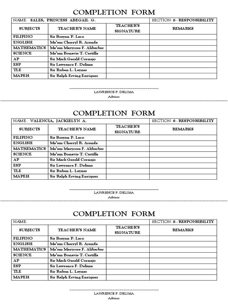 Completion Form Format | PDF