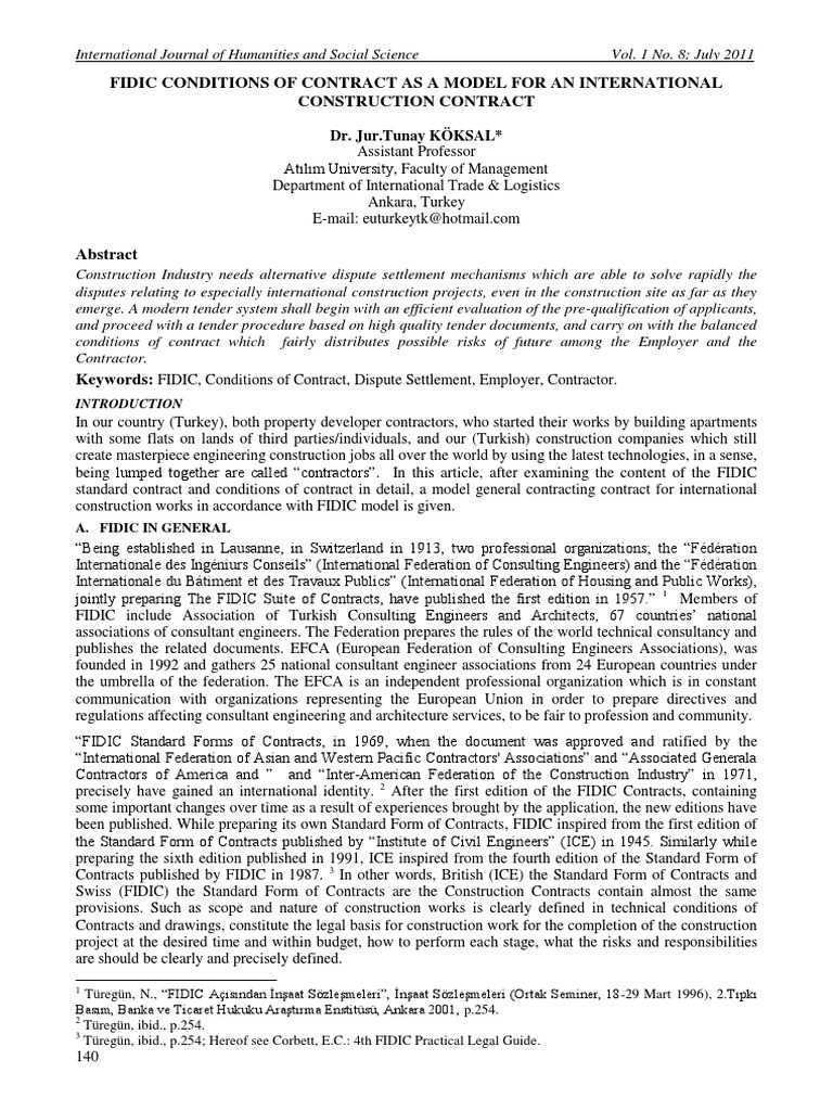 Fidic Conditions Of Contract As A Model For An International