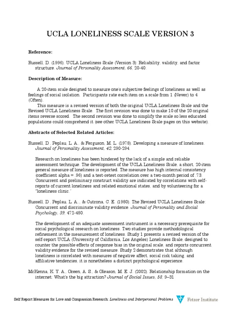 Ucla Loneliness Scale Version 3: Reference | PDF | Loneliness ...