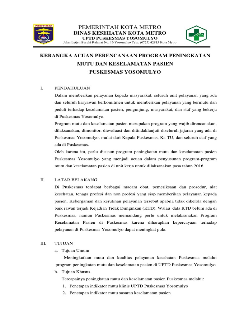Kerangka Acuan Perencanaan Program Peningkatan Mutu Dan Keselamatan ...