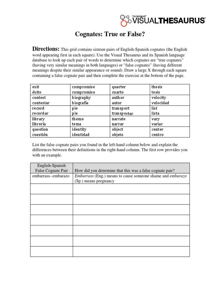 Cognates: True or False?: Directions | PDF