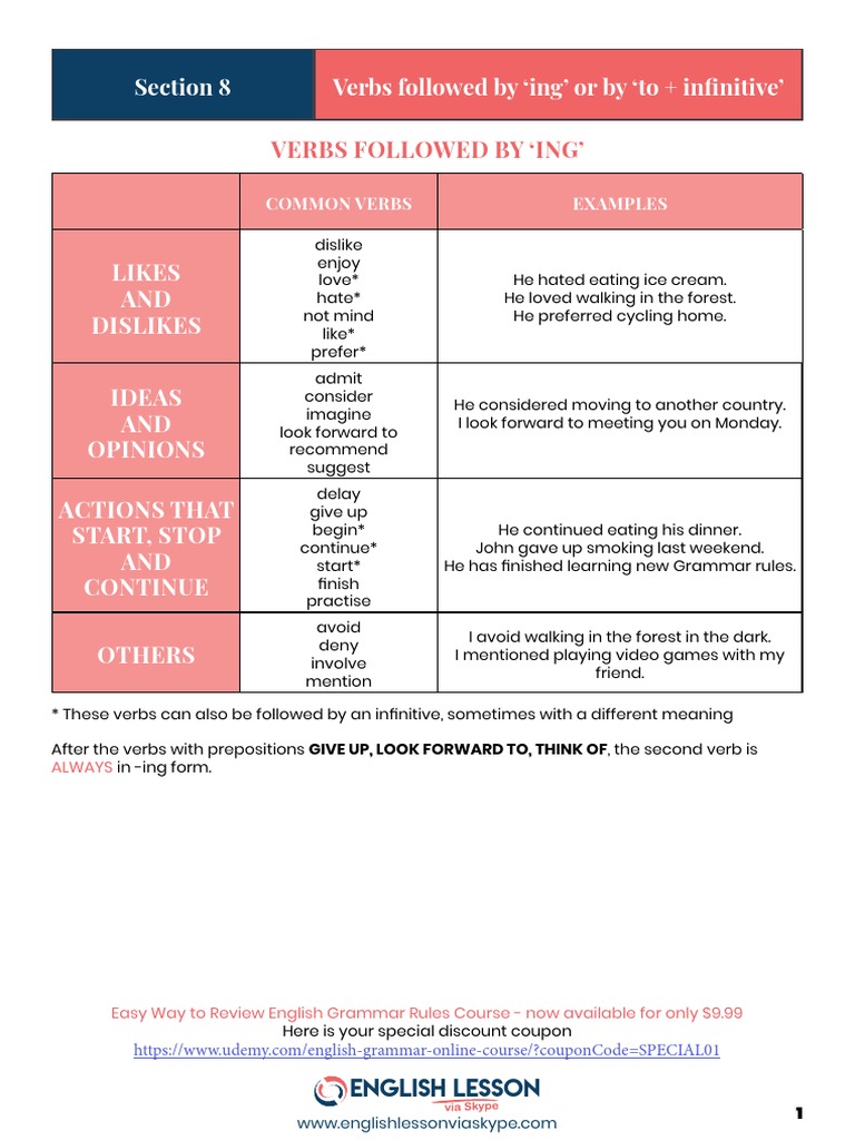 Verbs Followed by Ing and To Infinitive | PDF | English Grammar | Verb