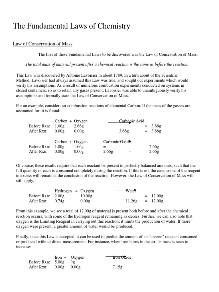 The Fundamental Laws of Chemistry: Law of Conservation of Mass | PDF ...
