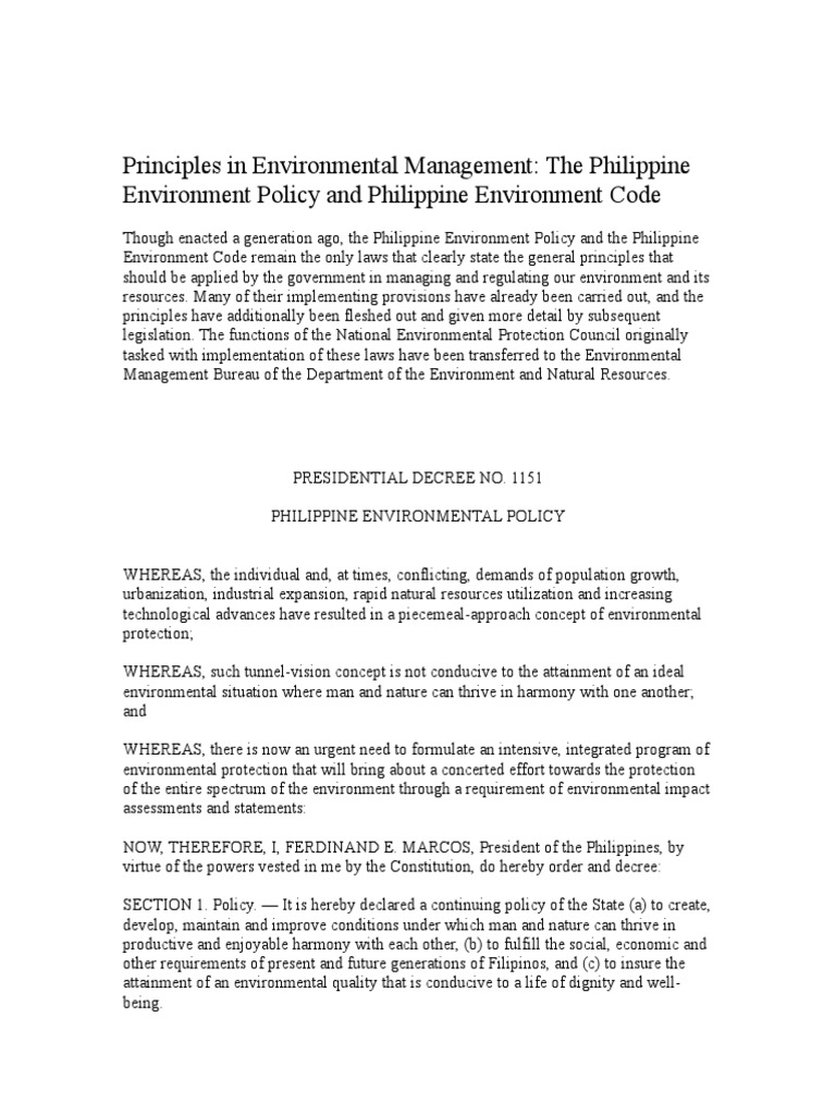 PD 1151 Philippine Environmental Policy 1 | PDF | Air Pollution | Waste ...