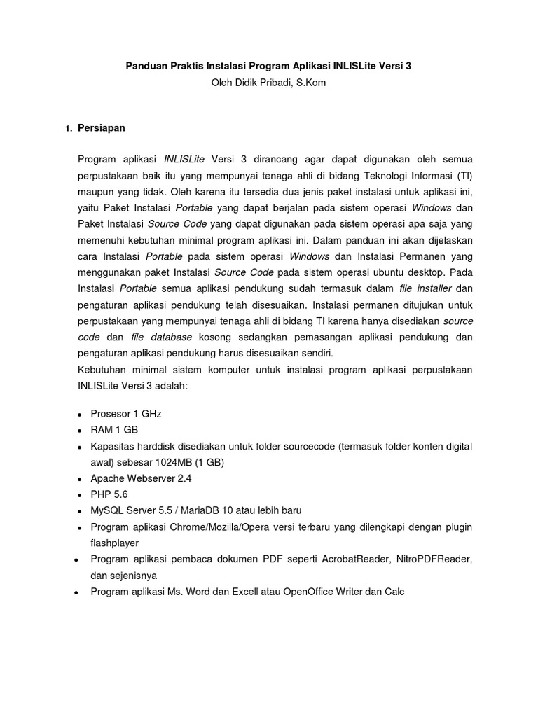 Panduan Praktis Instalasi Program Aplikasi INLISLite Versi 3 | PDF