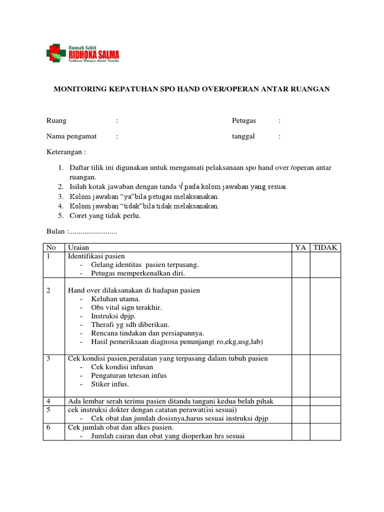 Monitoring Kepatuhan Spo Hand Over | PDF