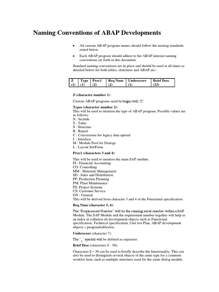 Naming Conventions Of Abap Developments Pdf Specification Technical Standard Computer