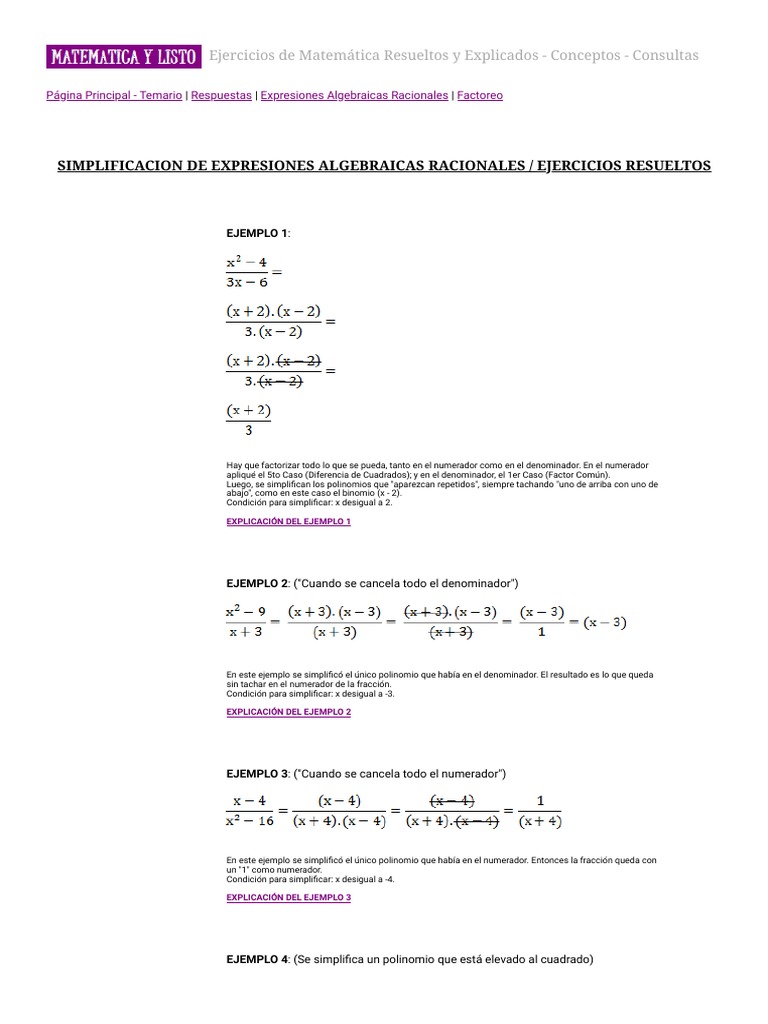 Expresiones Algebraicas Racionales_ Simplificacion - Ejercicios Resueltos - Matematica y Listo ...