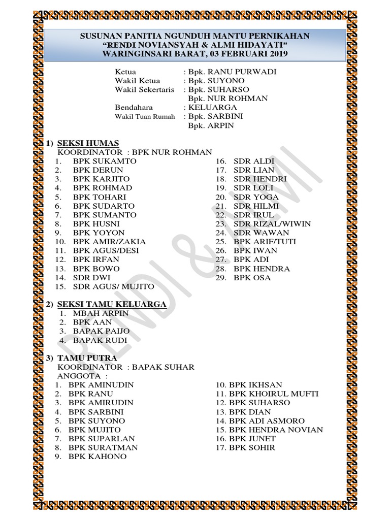 Susunan Panitia Resepsi Pernikahan | PDF