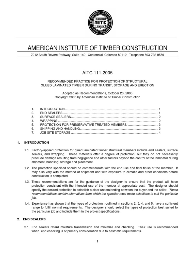 AITC, Recommended Practice For Protection of Structural Glued Laminated ...