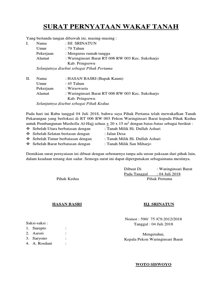 Surat Pernyataan Wakaf Tanah Musholla | PDF