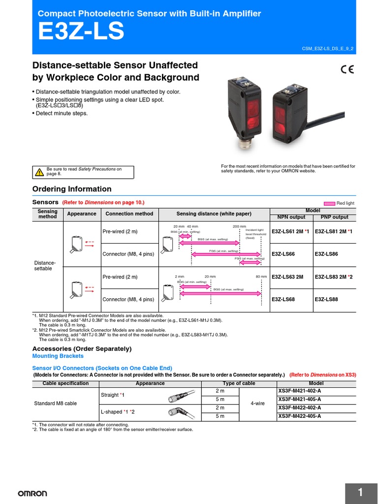 E3Z-LS: Distance-Settable Sensor Unaffected by Workpiece Color and Background | PDF | Bipolar ...
