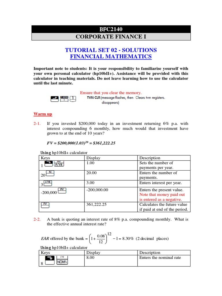 Finance Tutorial Solutions | PDF | Present Value | Interest