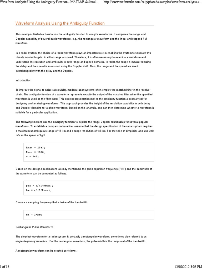 Waveform Analysis Using The Ambiguity Function Matlab And Simulink