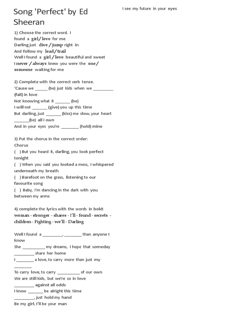 Ed Sheeran's 'Perfect' Lyrics Exercise | PDF | Leisure