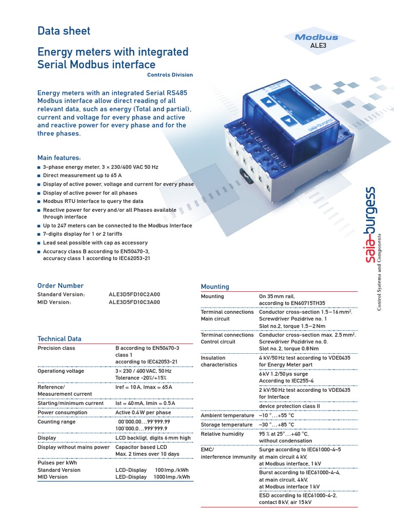 SAIA - Data Sheet 26-527 EN DS Energy-Meter-ALE3-with-Modbus PDF | PDF ...