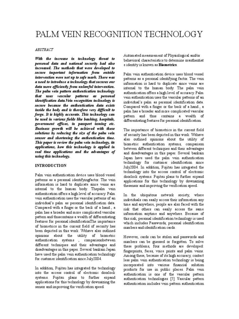Palm Vein Recognition Technology | PDF | Biometrics | Authentication