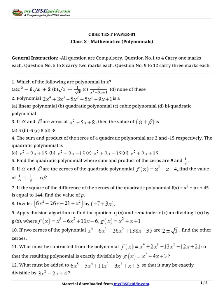 Cbse Test Paper-01 Class X - Mathematics (Polynomials) : Material ...