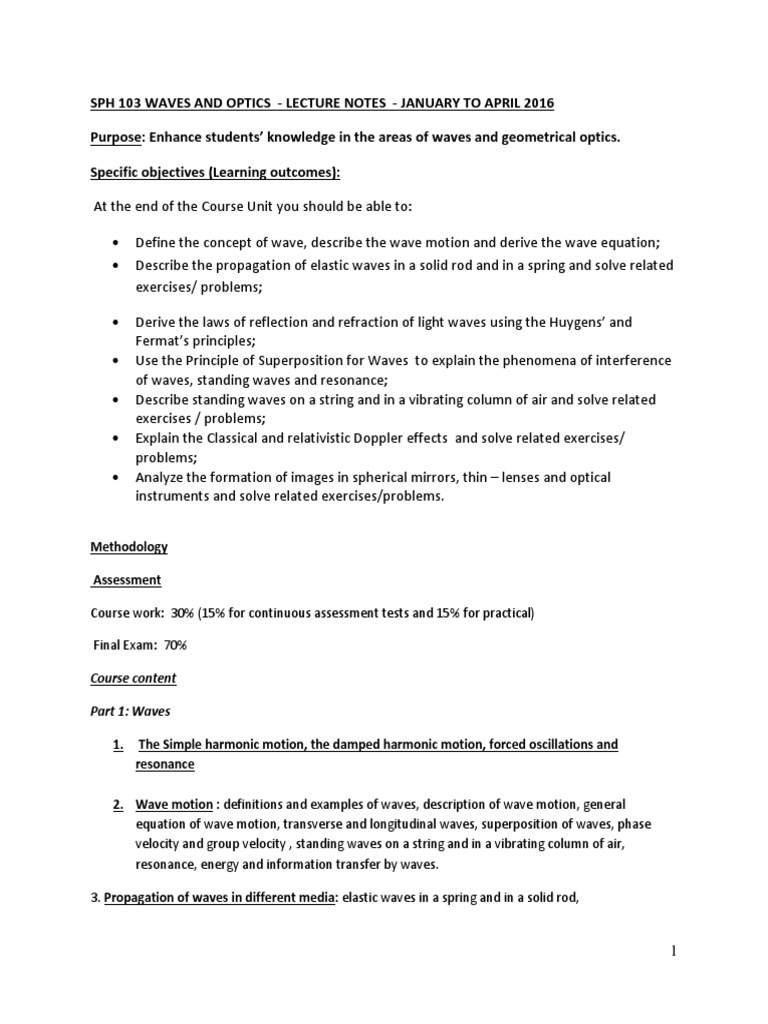 SPH 103 Waves and Optics - Lecture Notes - January - April 2016 | PDF ...