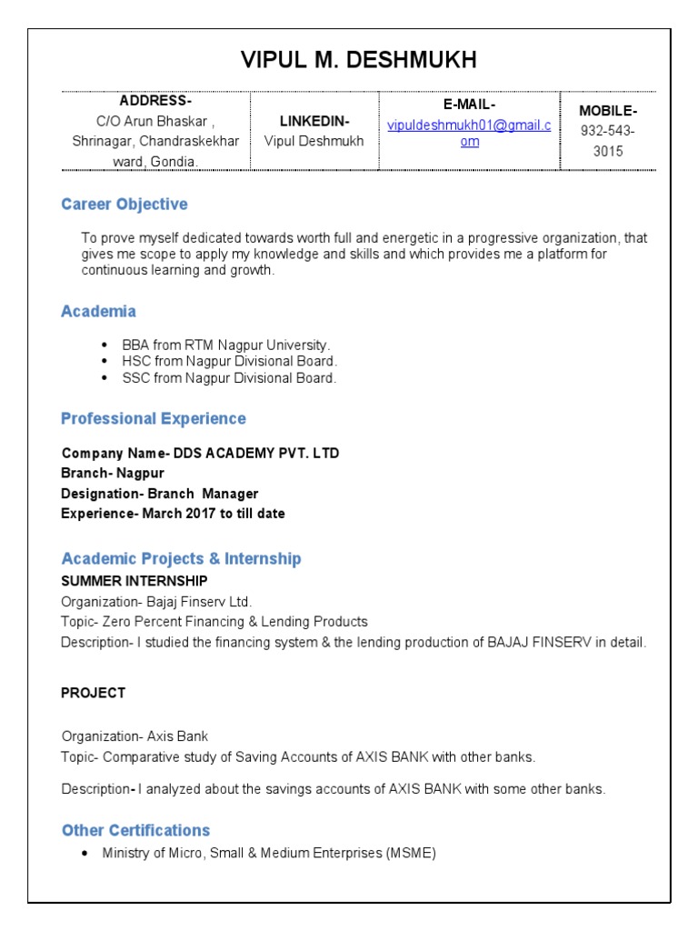 Vipul Resume (BBA) | PDF