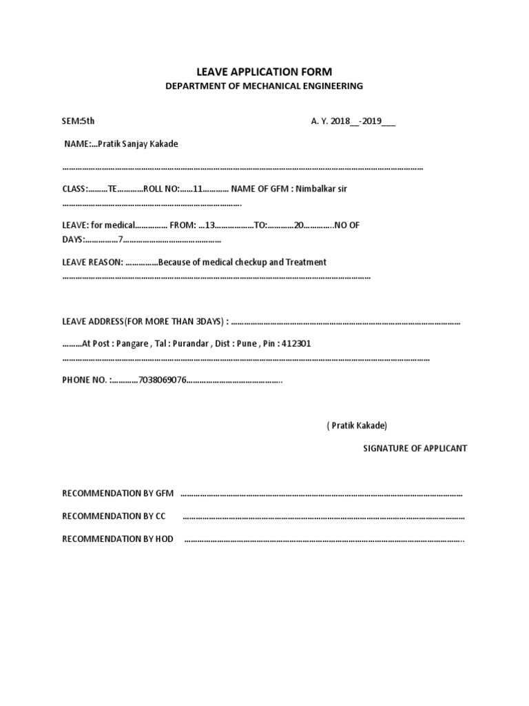 Leave Application Form: Department of Mechanical Engineering | PDF