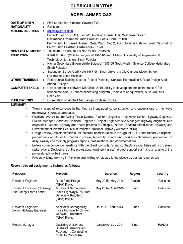 CV - Aqeel Ahmed Qazi Updated - Rev - Compressed | PDF | Road | Ethiopia