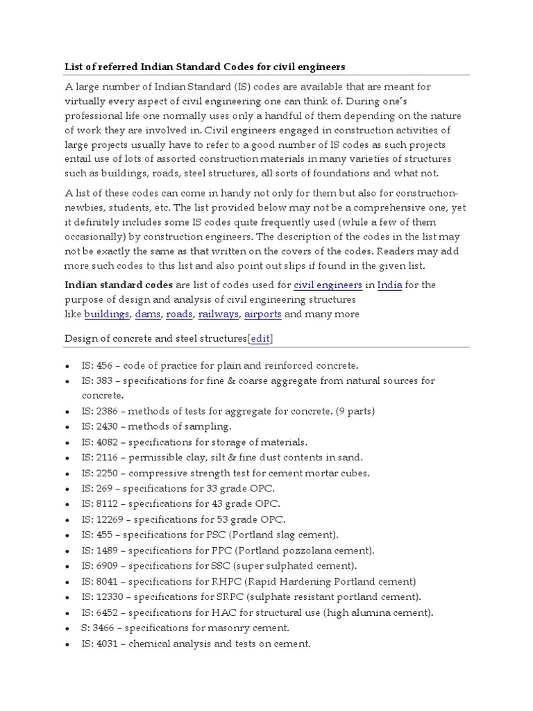 List of Referred Indian Standard Codes For Civil Engineers | Download ...