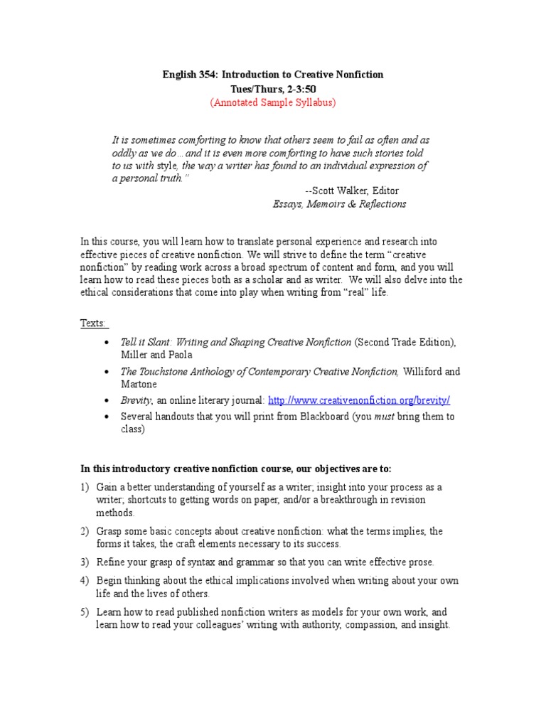 Annotated Syllabus For Introduction To Creative Nonfiction | PDF ...