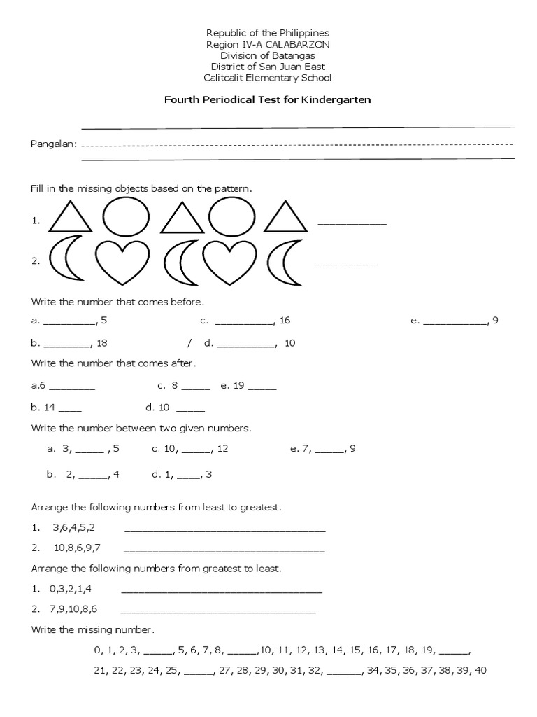 Fourth Periodical Test For Kindergarten | PDF