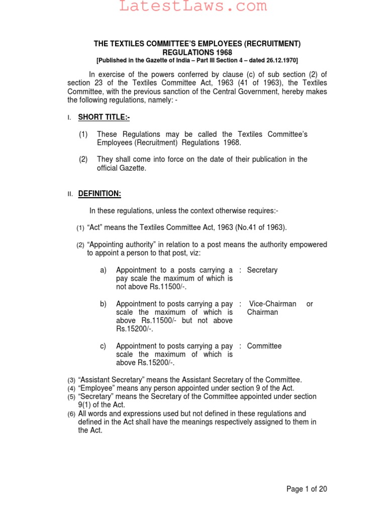 Textiles Committee (Recruitment) Regulations, 1968 | PDF | Bachelor's ...