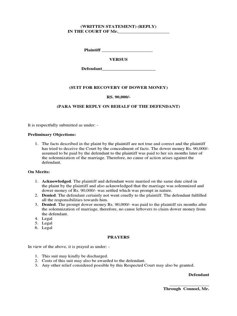 Written Statement of Suit For Recovery of Dower Money | PDF | Lawsuit ...