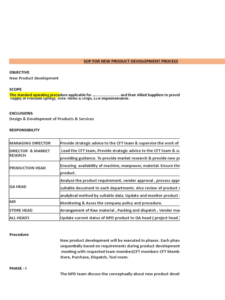 Sop For New Product Devolopment Process Objective | PDF | Quality ...