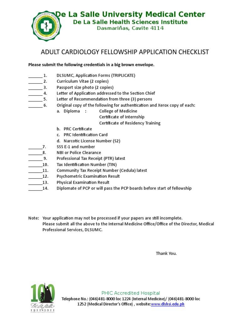 Adult Cardiology Fellowship Application Checklist: de La Salle ...