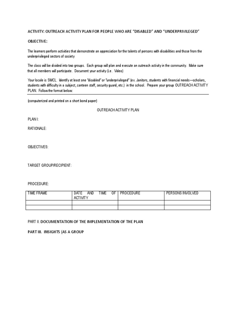 Outreach Activity Plan for Disabled Youth | PDF