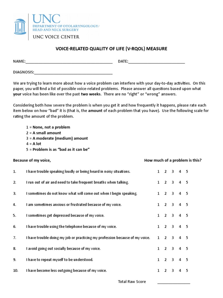 Voice-Related Quality of Life (V-Rqol) Measure | PDF | Clinical ...