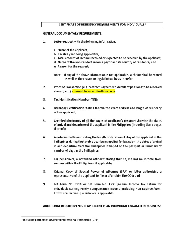 CERTIFICATE OF RESIDENCY REQUIREMENTS FOR INDIVIDUALS - Filipino ...