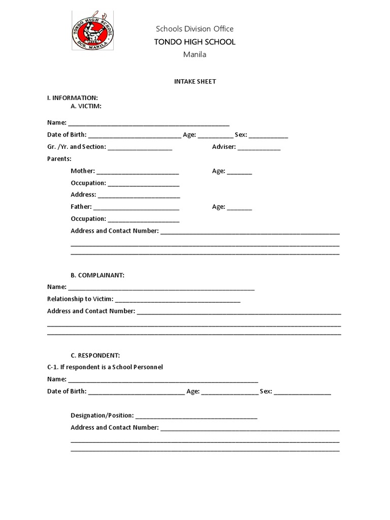 Intake Sheet Form Tondo High | PDF | Juvenile Delinquency | Domestic ...