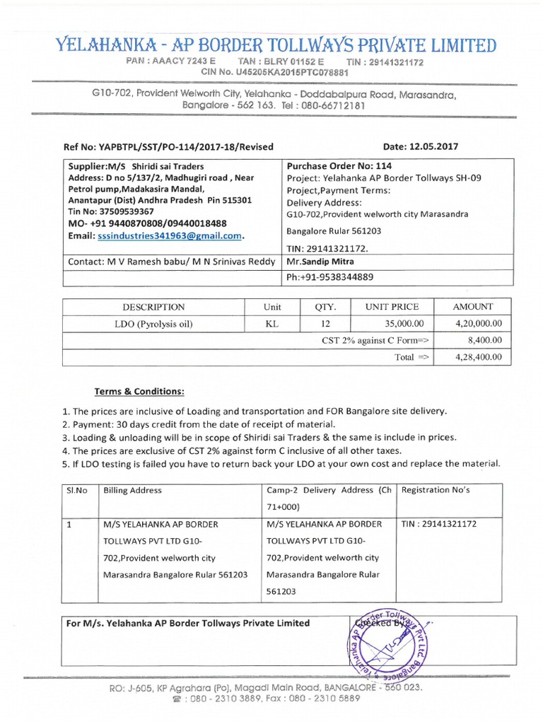 Revised Purchase Order For LDO PO YAPBTPL SST 114,12.05.17 | PDF