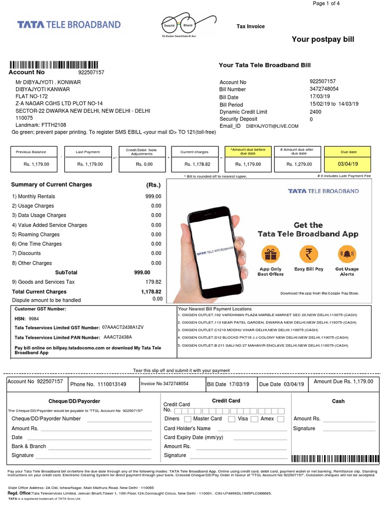 Your Tata Tele Broadband Bill Account No | Invoice | Credit Card