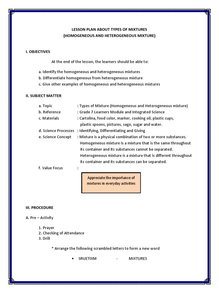 Lesson Plan About Types Of Mixtures (Homogeneous And Heterogeneous ...