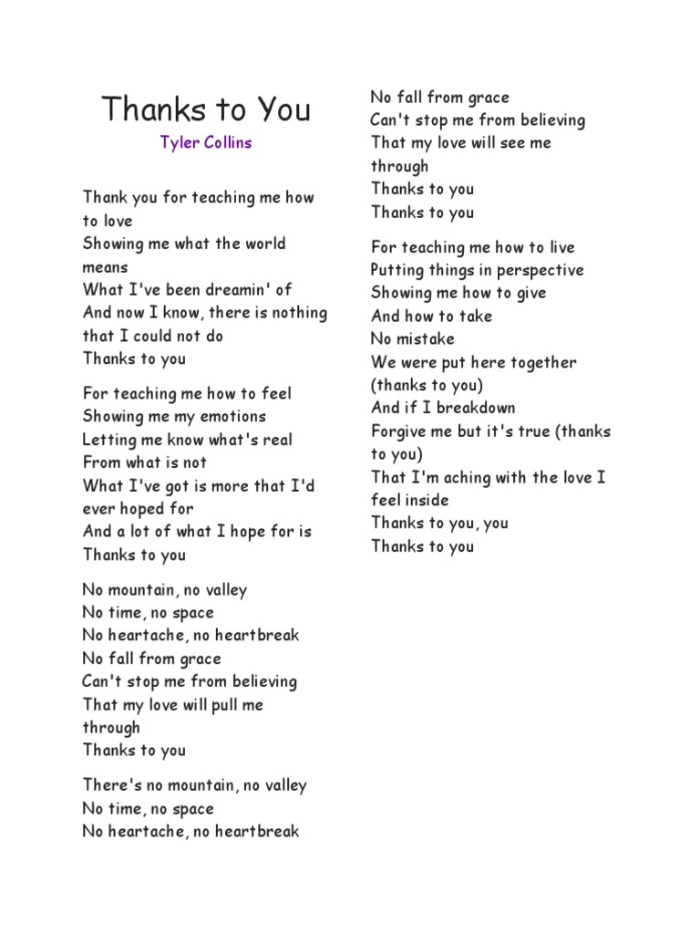 Thanks to You - Tyler Collins Lyrics | PDF