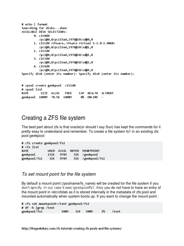 Creating A ZFS File System: To Set Mount Point For The File System ... Creating A ZFS File System: To Set Mount Point For The File System ...